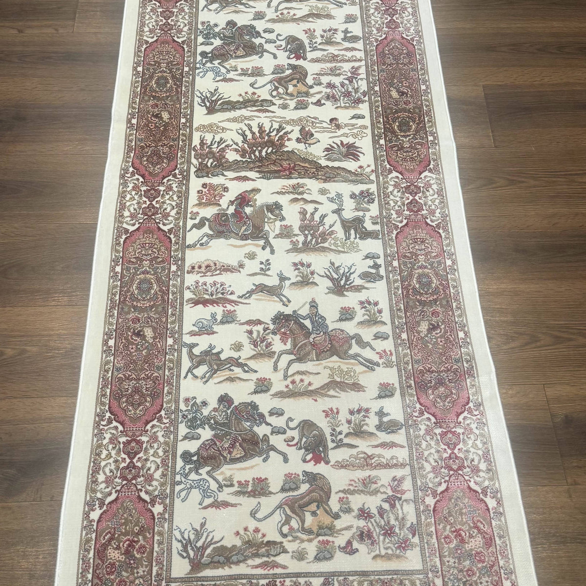 Turkish Silk Runner Rug 2.6 x 8, Hunting Design, Ivory, Bamboo Silk, N ...