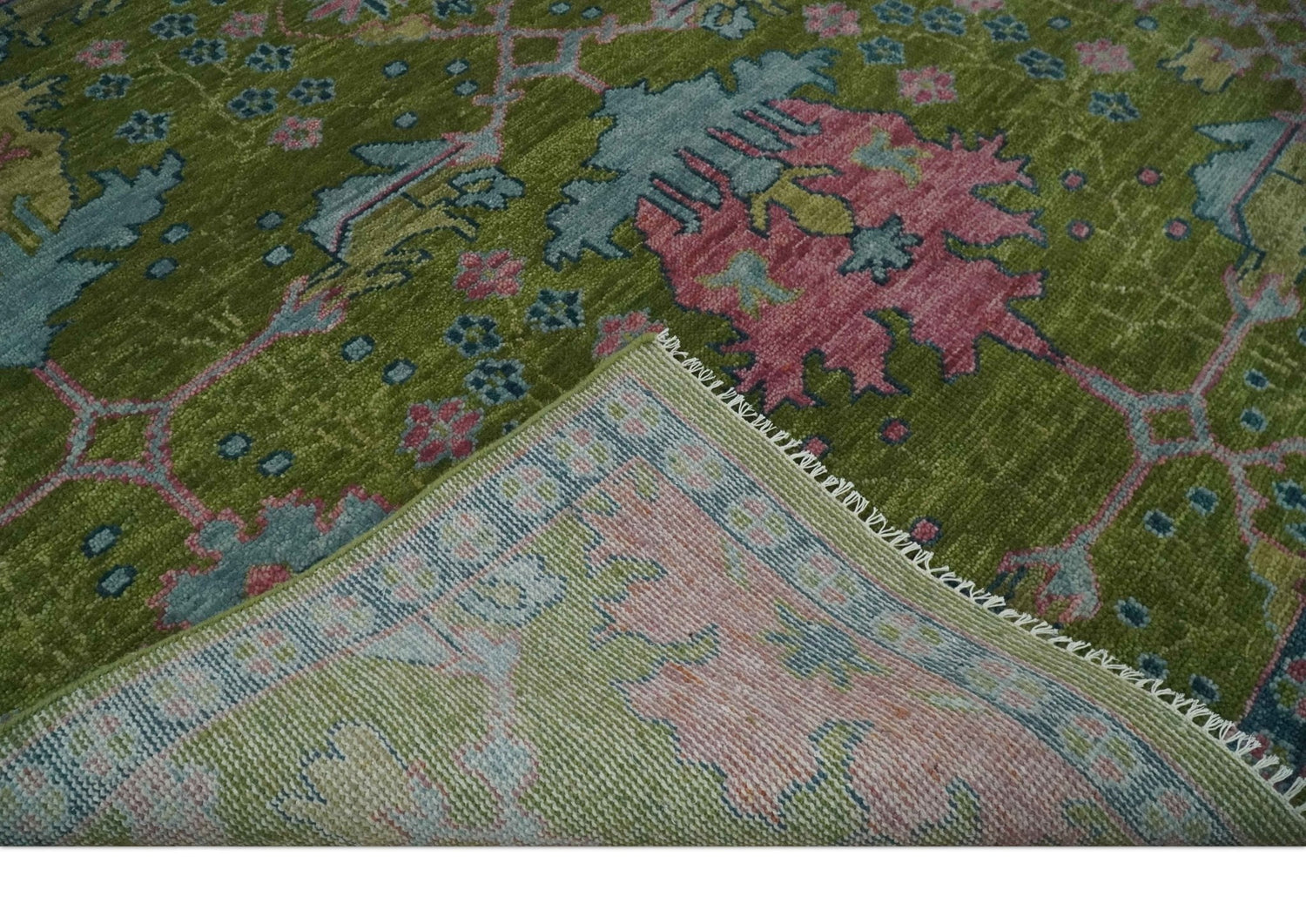 Moss Green, Blue and Peach Hand Knotted Vibrant colorful Donegal Desig ...