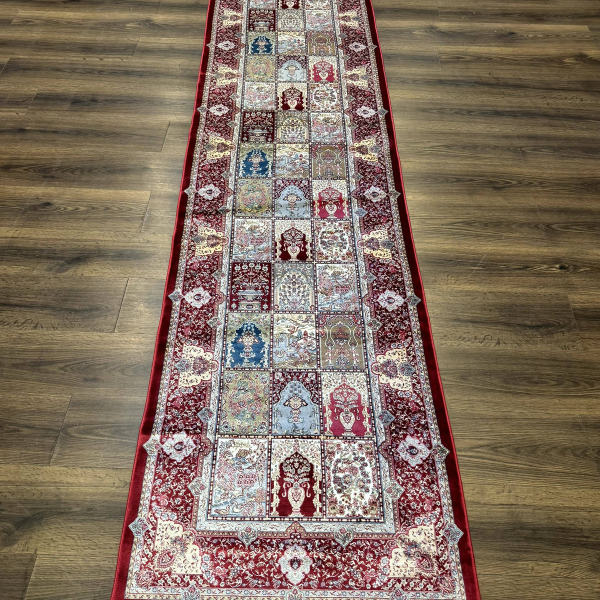 Turkish Silk Runner Rug 2.6 x 11.6, Panel Design, Dark Red Ivory, Bamb ...