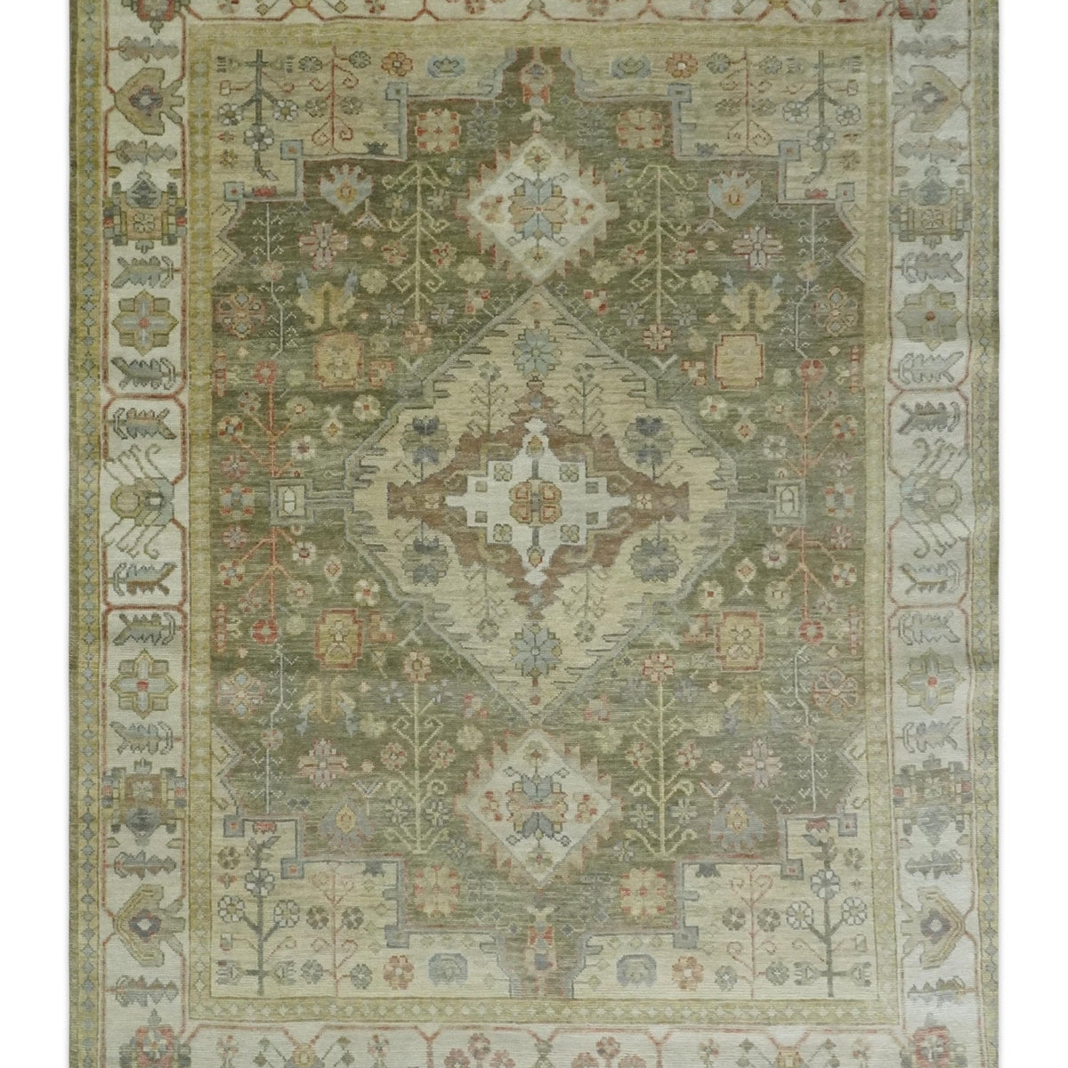 Antique Style Green, Ivory and Beige Hand knotted Heriz Serapi Multi S ...