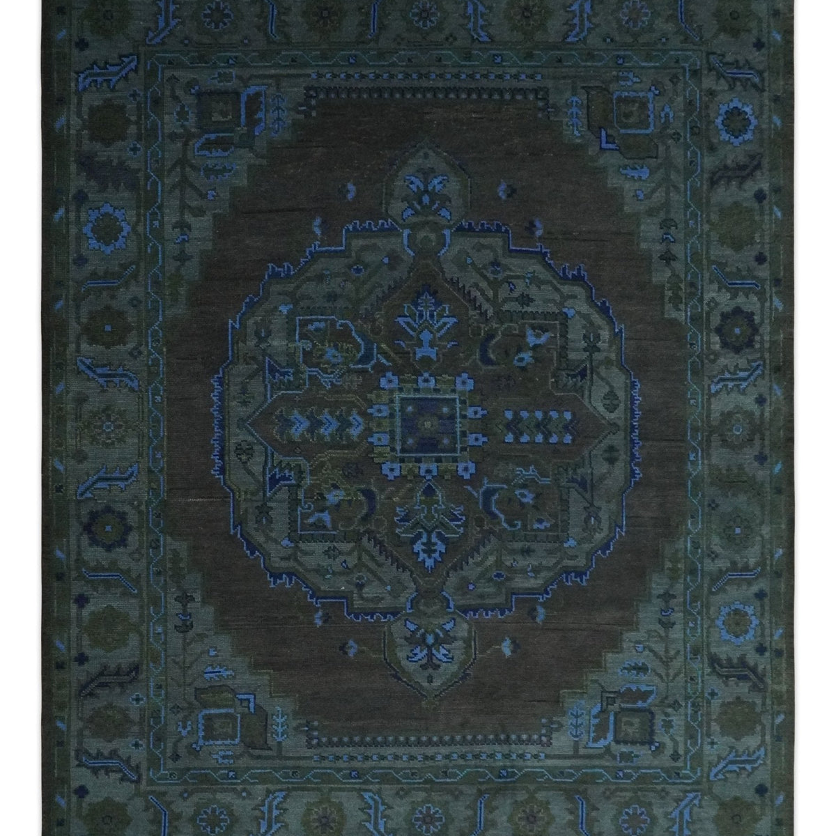 Charcoal, Gray, Green and Blue Neon look Traditional Heriz Medallion M ...