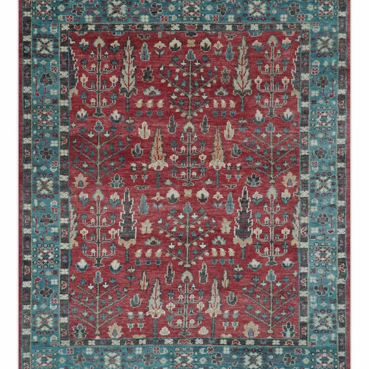 Custom Made Tree of Life Hand Knotted Maroon and Blue Traditional Wool ...