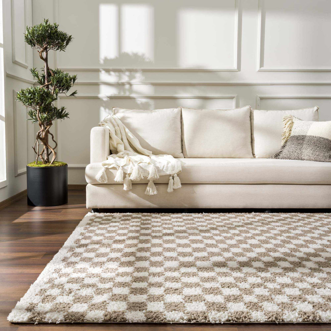 Kieu Taupe Checkered Shag Rug – Boutique Rugs