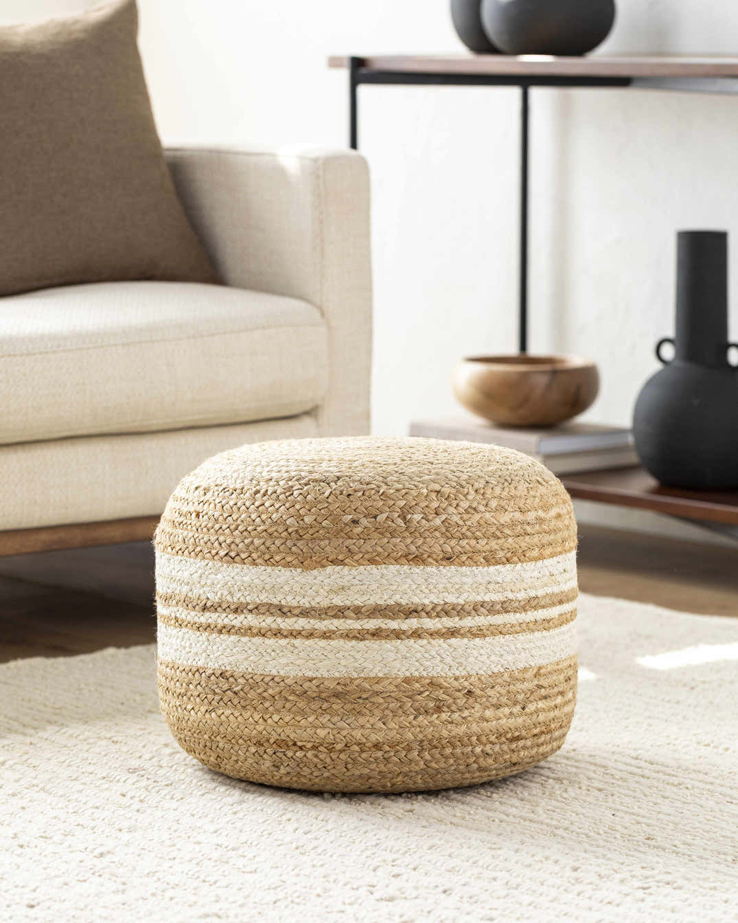 Kanashevo Brick Red Handwoven Gray Cotton Pouf – Boutique Rugs