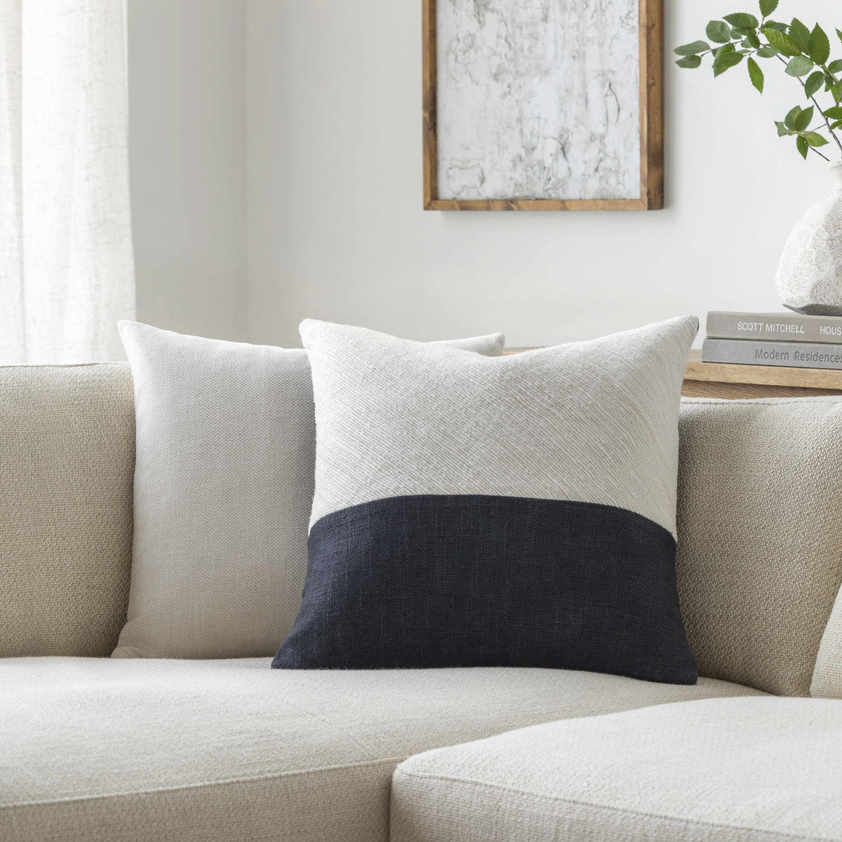 Navelle White and Navy Split Panel Mixed Pattern Modern Linen Accent P ...